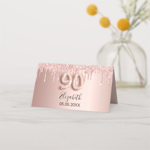 90th birthday party rose gold glitter drips place card | Zazzle