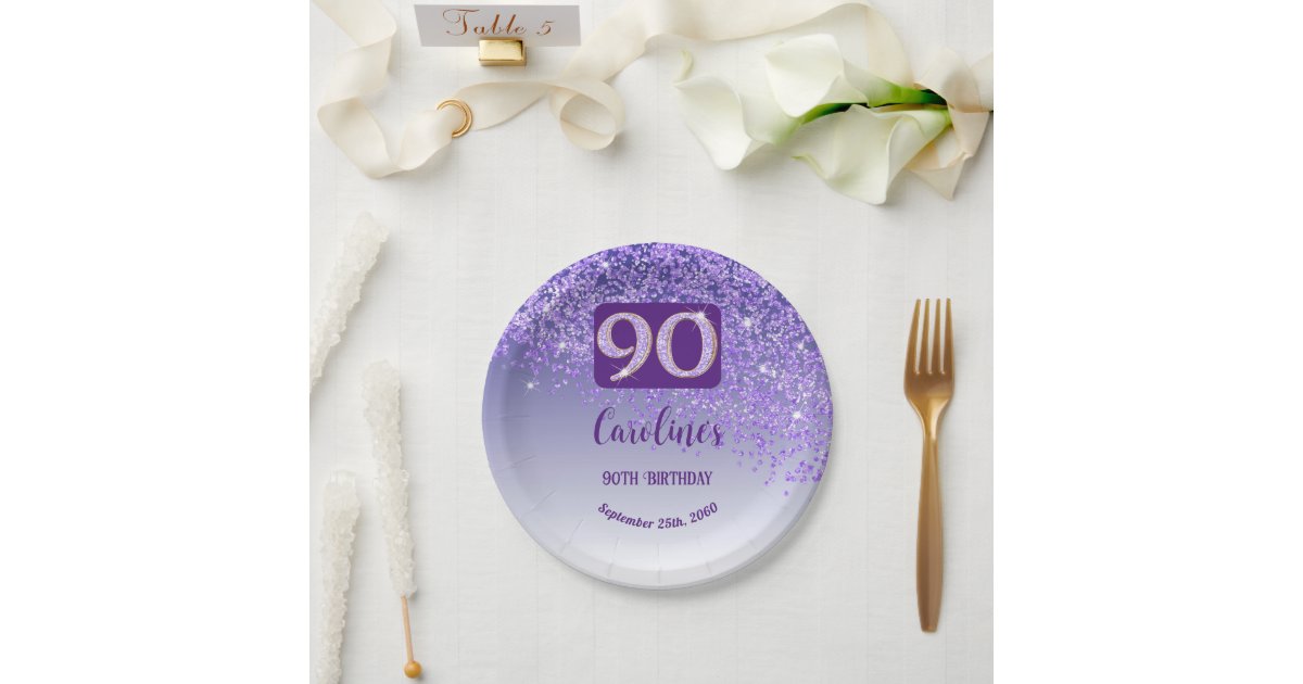 90th Birthday Party Sparkle Purple Glitter Paper Plates | Zazzle
