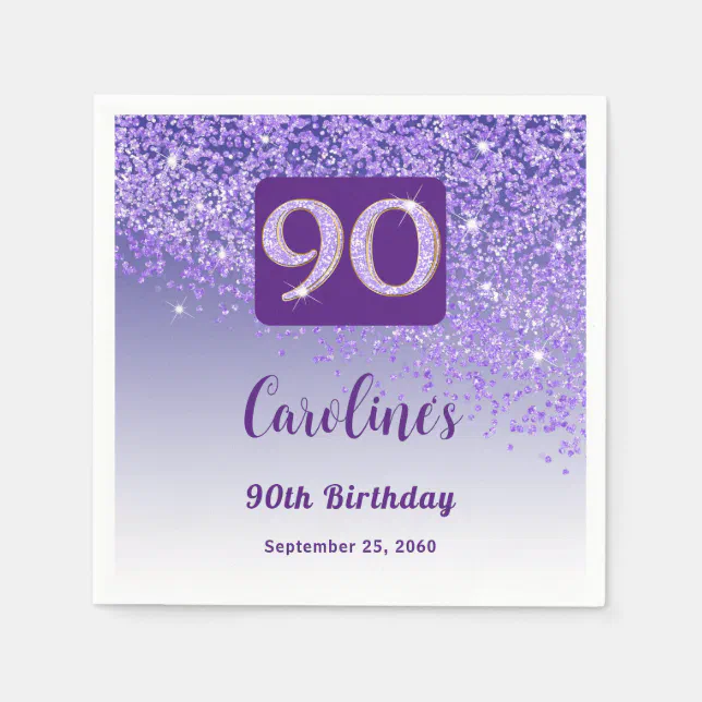 90th Birthday Party Sparkling Purple Glitter Napkins | Zazzle