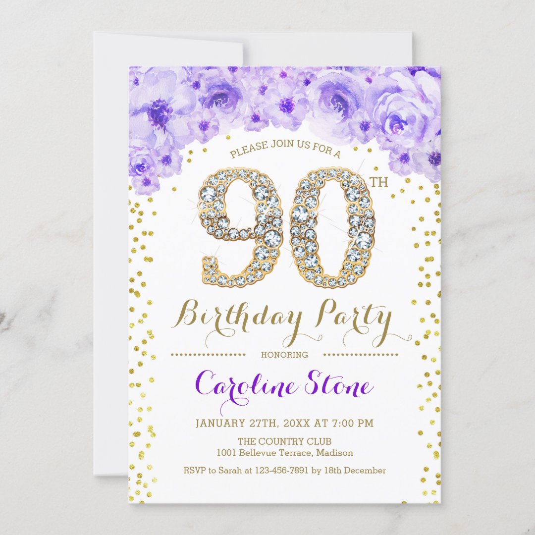 90th Birthday Party - White Gold Purple Invitation | Zazzle