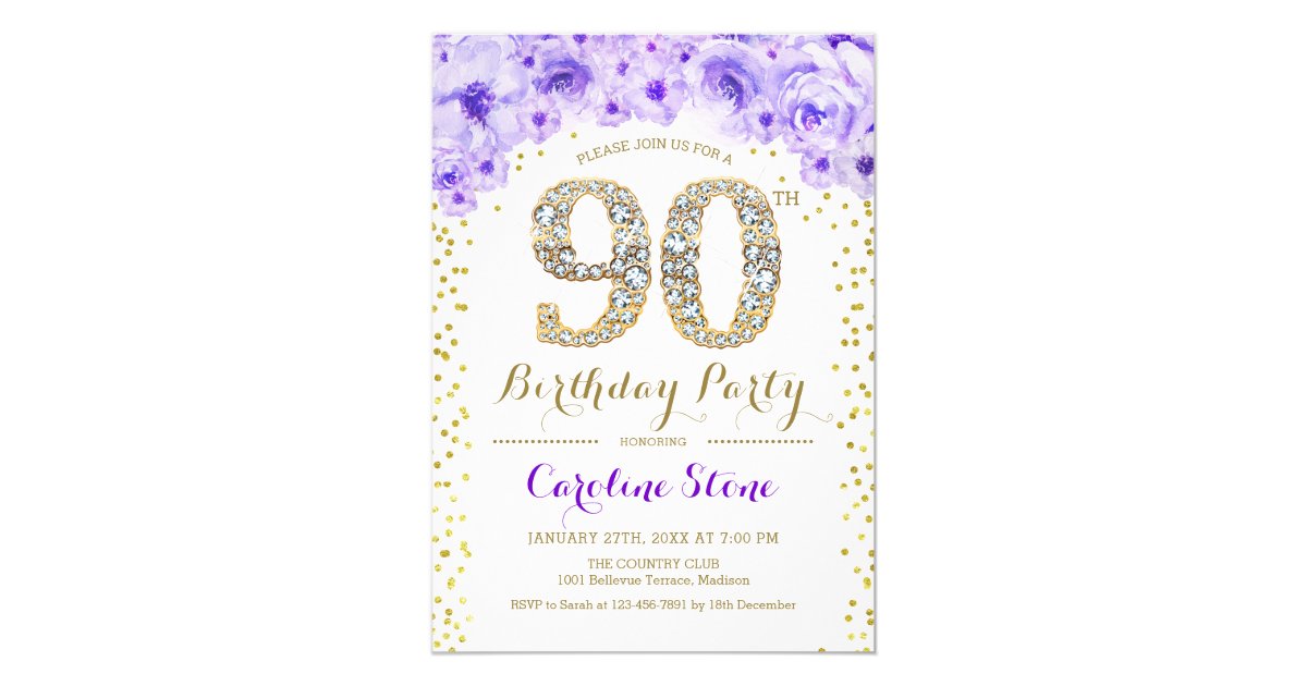 90th Birthday Party - White Gold Purple Invitation | Zazzle.com