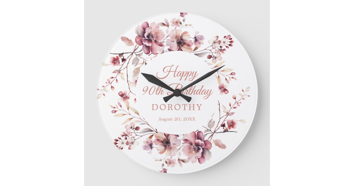 90th Birthday Personalized Burgundy Pink Floral Large Clock | Zazzle