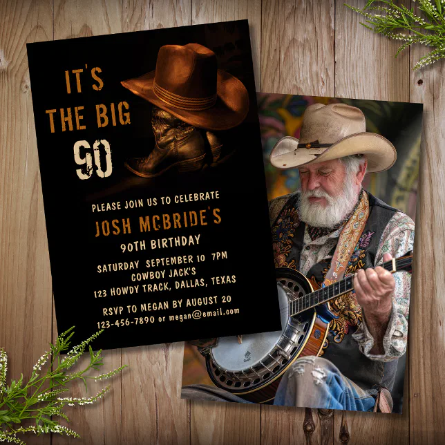 90th Birthday Photo Rustic Cowboy Hat Boots Invitation | Zazzle