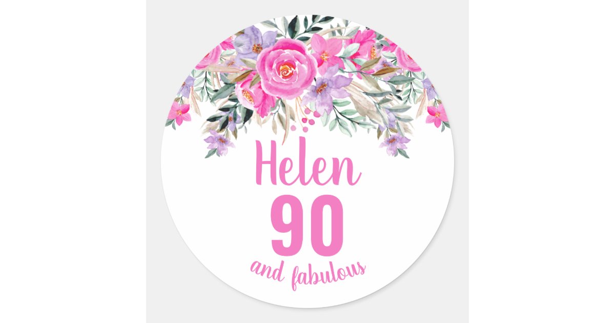 90th birthday pink watercolor floral classic round sticker | Zazzle