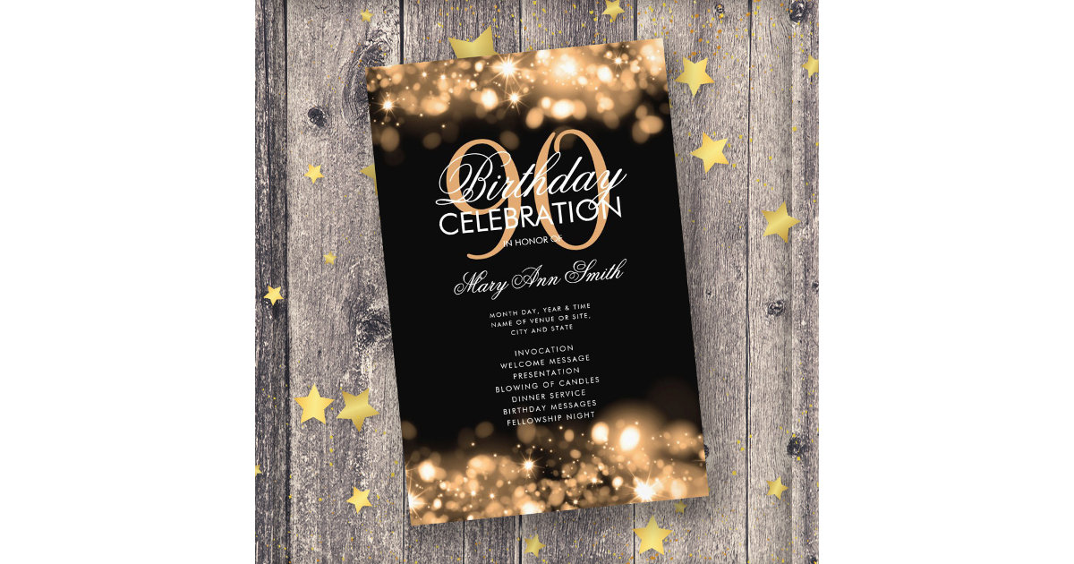 90th Birthday Program Glam Lights Gold Menu Flyer | Zazzle