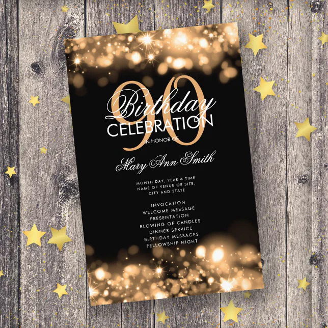 90th Birthday Program Glam Lights Gold Menu Flyer | Zazzle