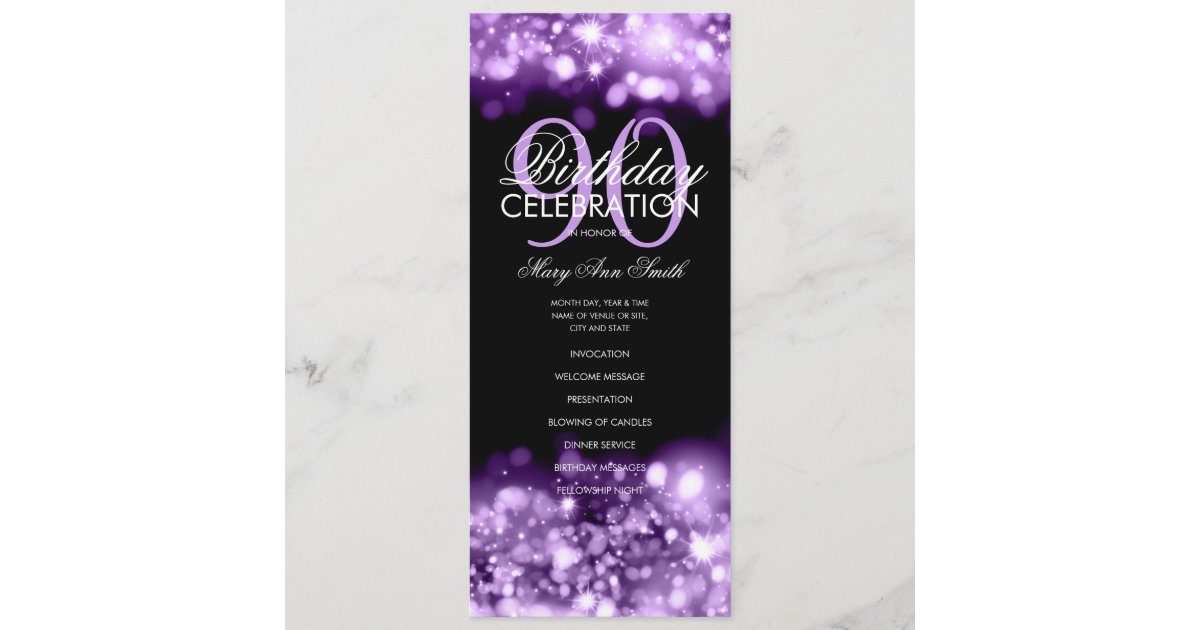 90th Birthday Program Glam Lights Purple Menu | Zazzle