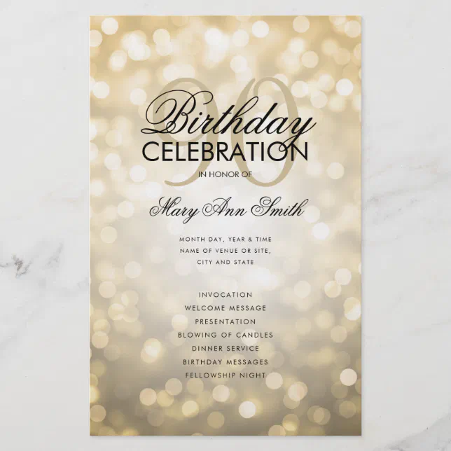 90th Birthday Program Lights Gold w/ Menu Flyer | Zazzle