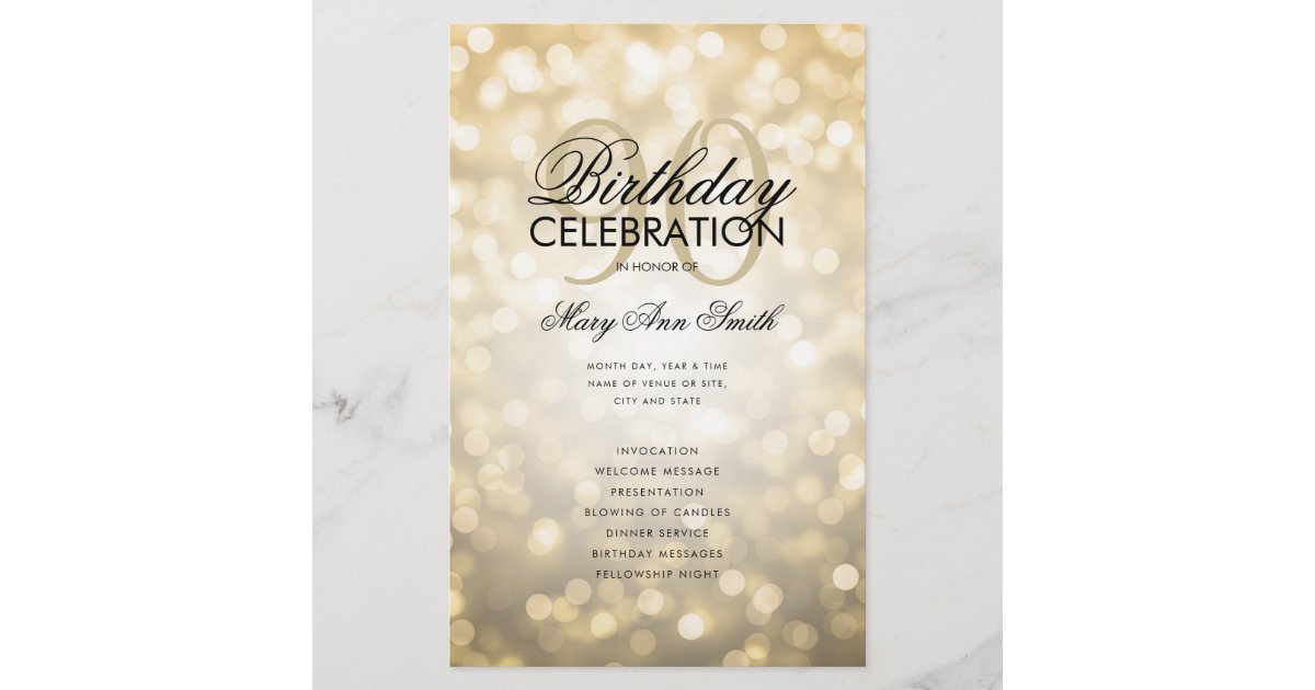 90th Birthday Program Lights Gold w/ Menu Flyer | Zazzle
