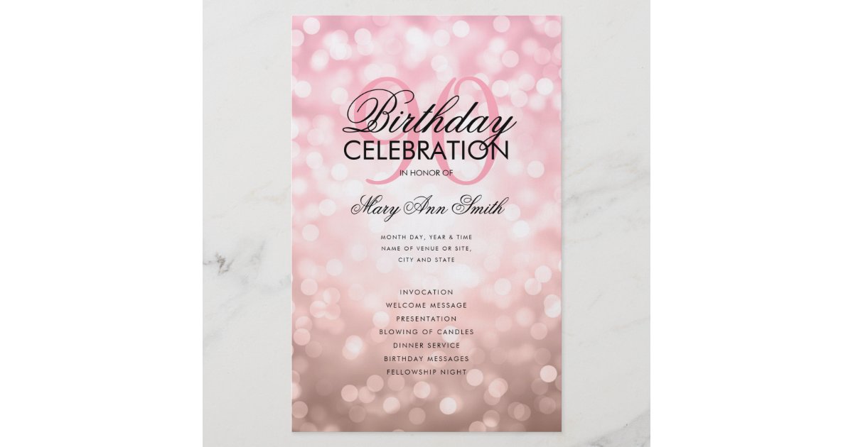 90th Birthday Program Lights Rose Gold Menu Flyer | Zazzle