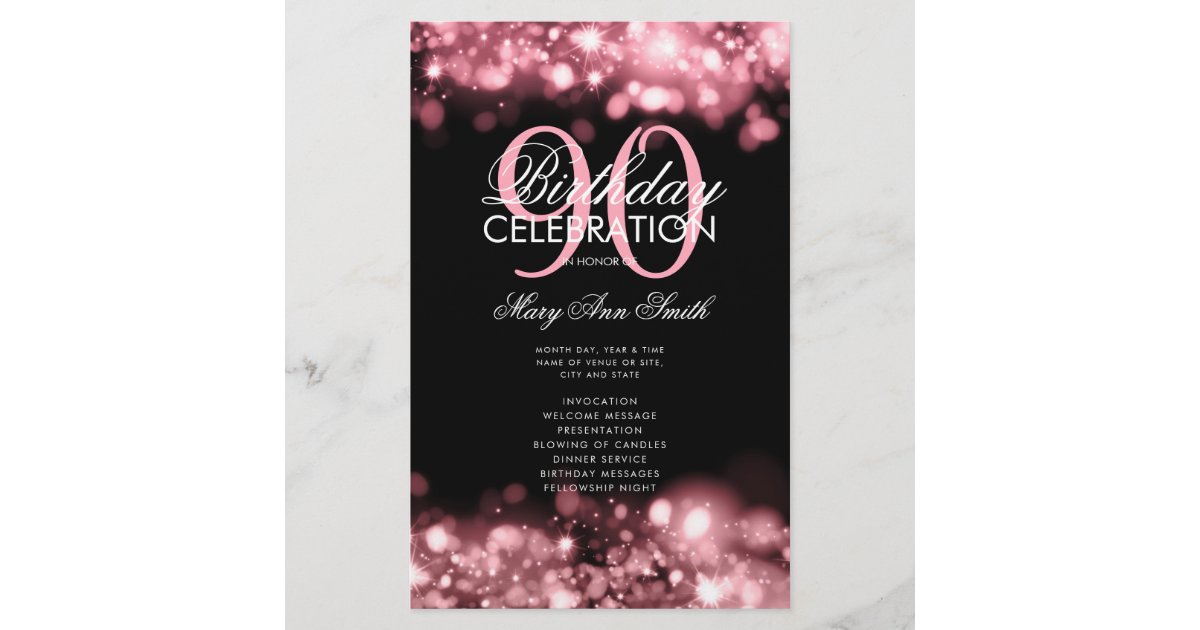 90th Birthday Program Lights Rose Gold Menu Flyer | Zazzle