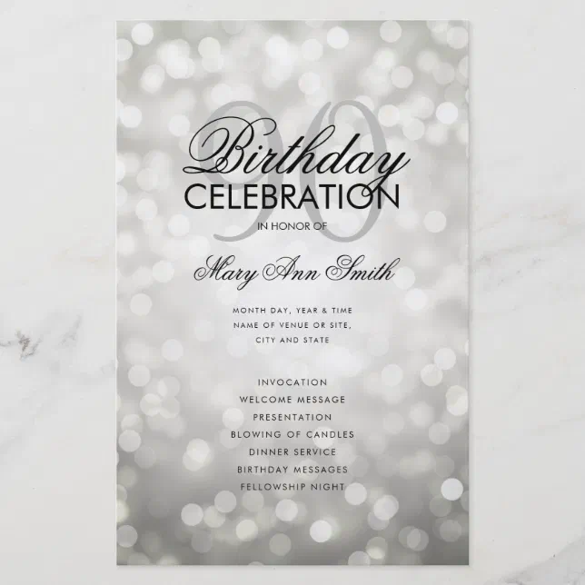 90th Birthday Program Lights Silver w/ Menu Flyer | Zazzle