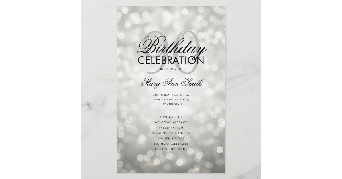 90th Birthday Program Lights Silver w/ Menu Flyer | Zazzle