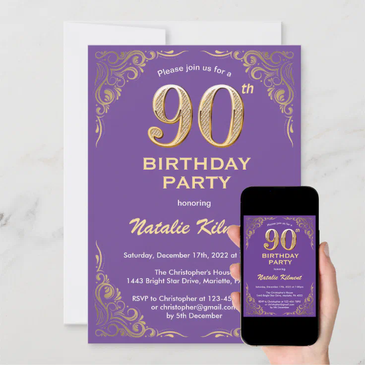 90th Birthday Purple and Gold Glitter Frame Invitation | Zazzle