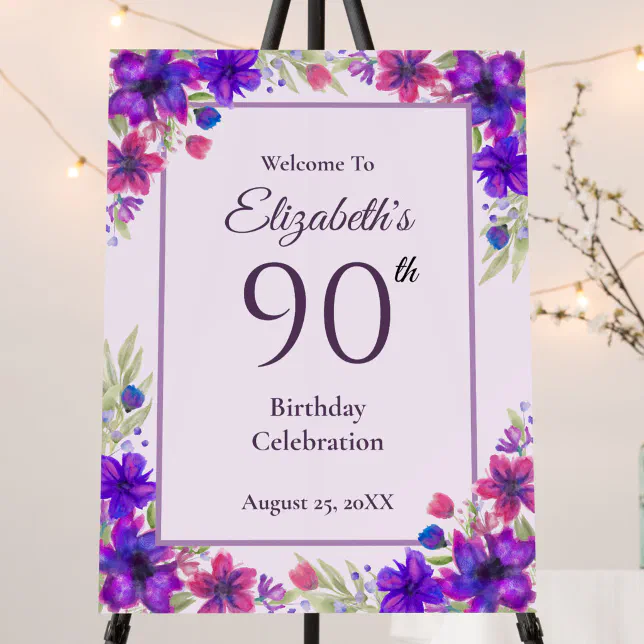 90th Birthday Purple Floral Welcome Sign | Zazzle