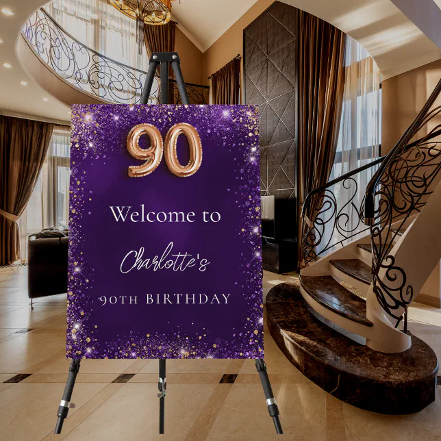 90th birthday purple glitter sparkles welcome foam board | Zazzle