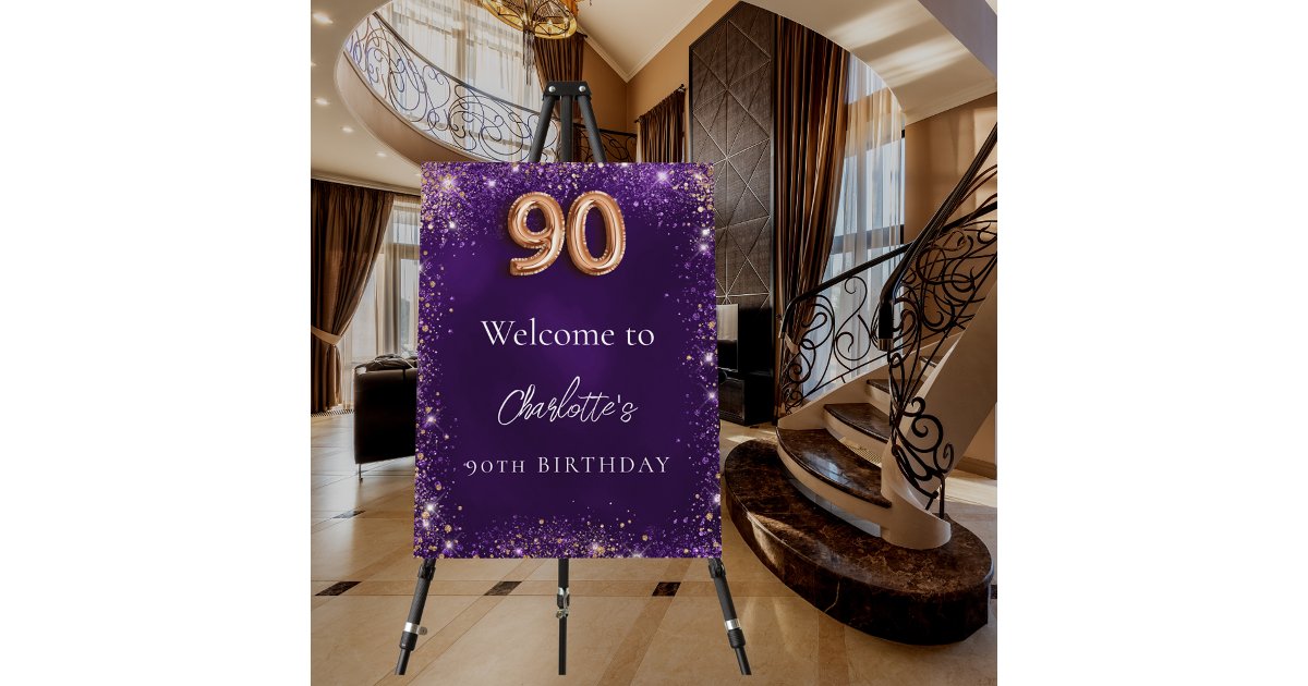 90th birthday purple glitter sparkles welcome foam board | Zazzle