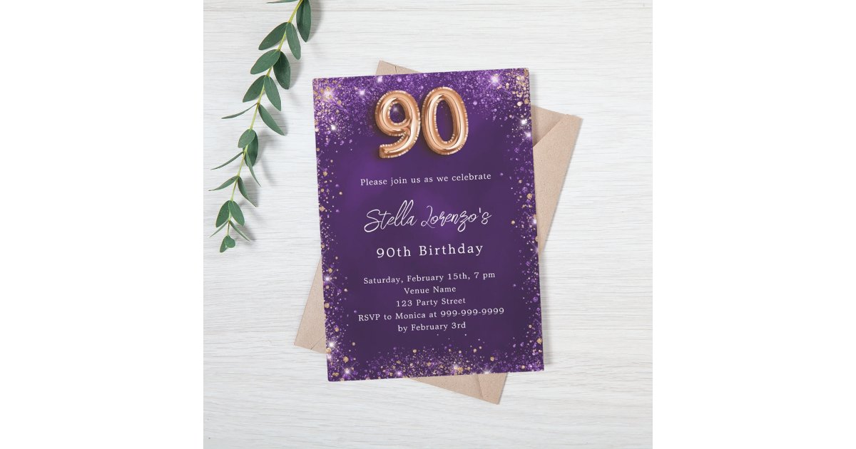 90th Birthday purple rose gold Invitation | Zazzle