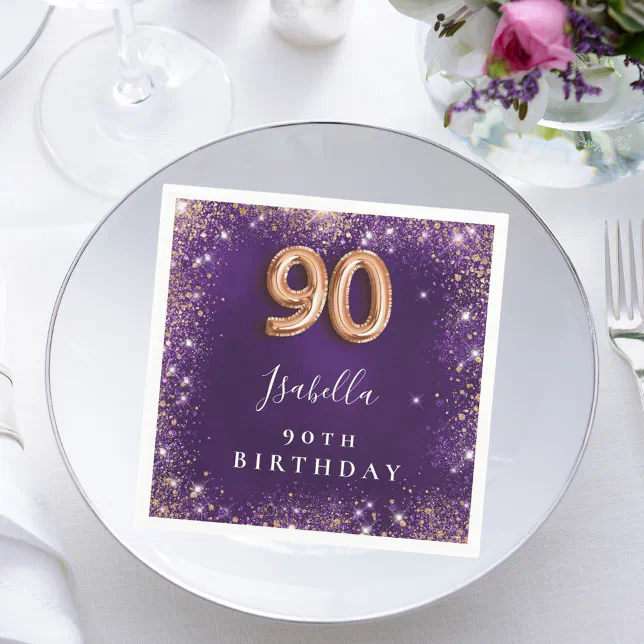 90th birthday purple rose gold name napkins | Zazzle