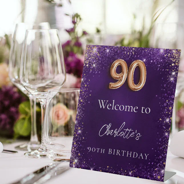 90th birthday purple sparkles welcome pedestal sign | Zazzle