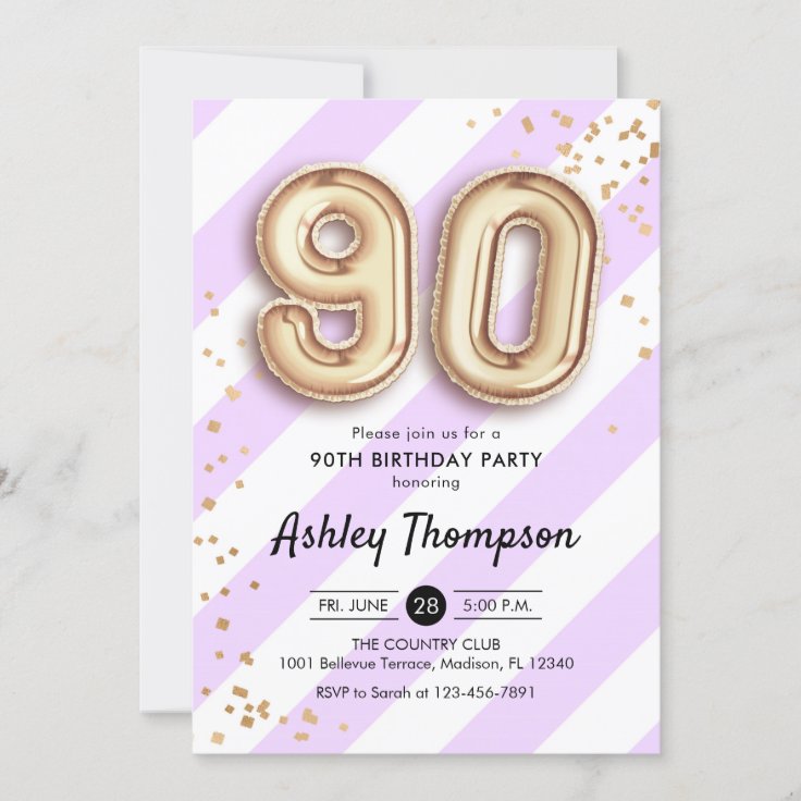 90th Birthday - Purple Stripes Gold Balloons Invitation | Zazzle