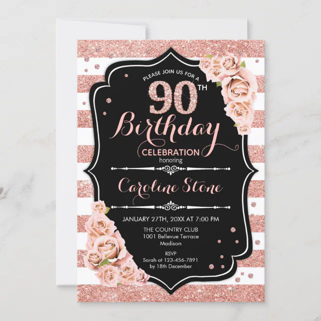 90th Birthday - Rose Gold and White Stripes Invitation | Zazzle