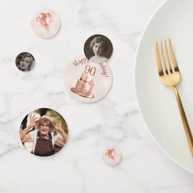 90th Birthday Rose Gold Cake Photo Confetti | Zazzle