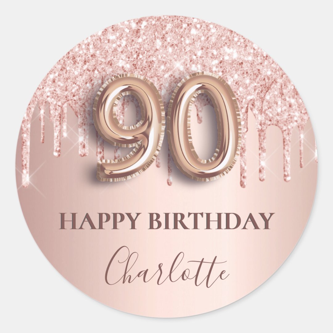 90th birthday rose gold glitter pink balloon style classic round ...