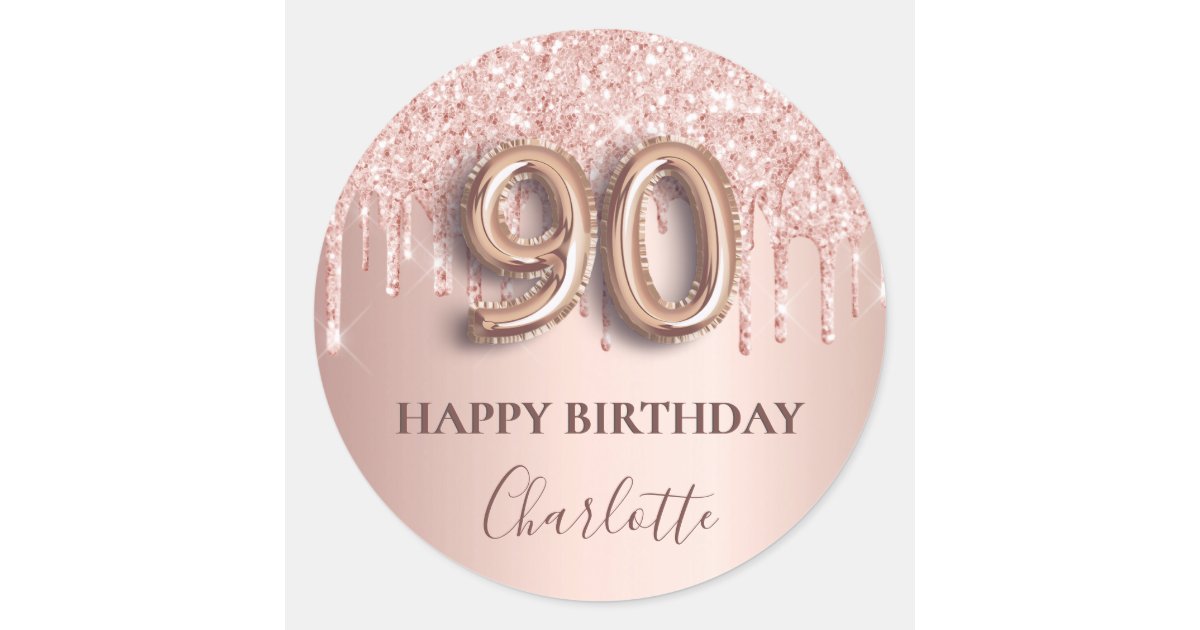 90th birthday rose gold glitter pink balloon style classic round ...