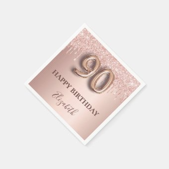 90th birthday rose gold glitter pink balloon style napkins | Zazzle