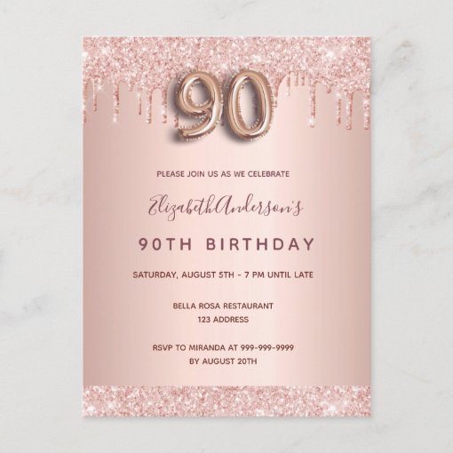 90th birthday rose gold glitter pink invitation postcard | Zazzle