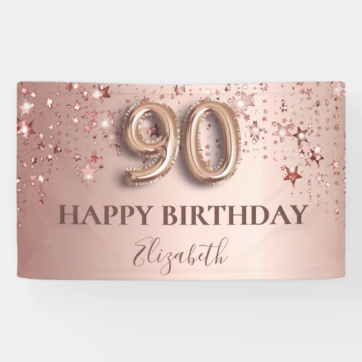 90th birthday rose gold pink stars balloon script banner | Zazzle