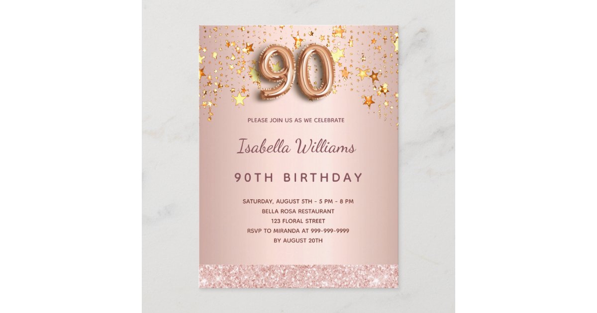 90th birthday rose gold pink stars balloon script postcard | Zazzle