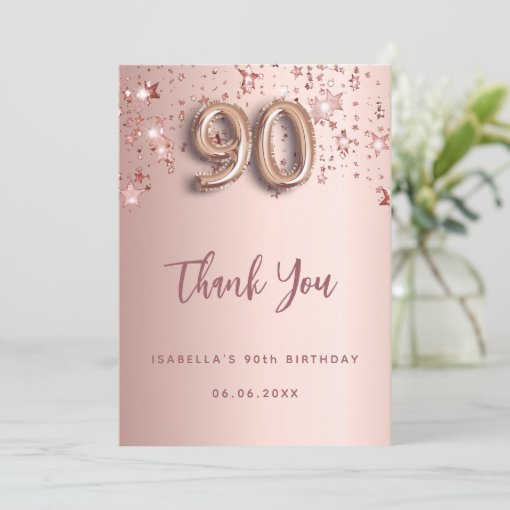90th birthday rose gold pink stars thank you card | Zazzle