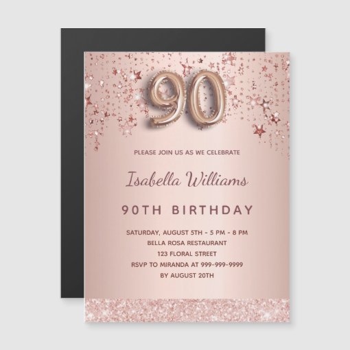 90th birthday rose gold stars invitation magnet | Zazzle