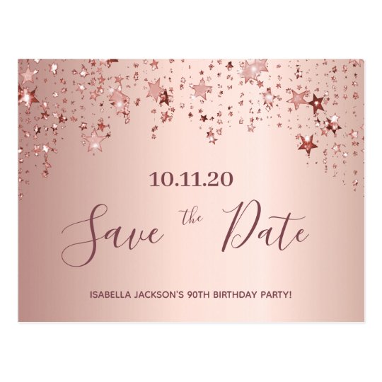 90th birthday rose gold stars save the date postcard | Zazzle.com