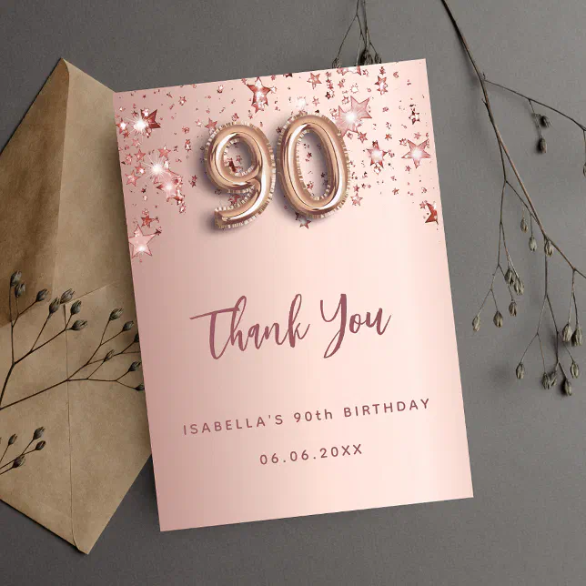 90th birthday rose gold stars thank you card | Zazzle