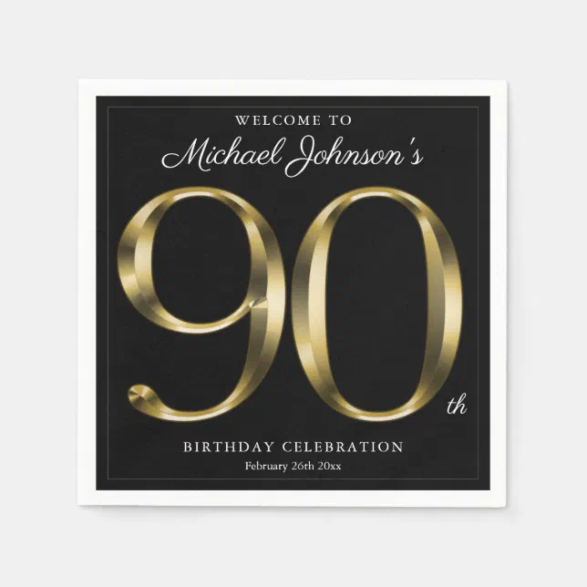 90th Birthday Solid Gold Typography Black Elegant Napkins | Zazzle