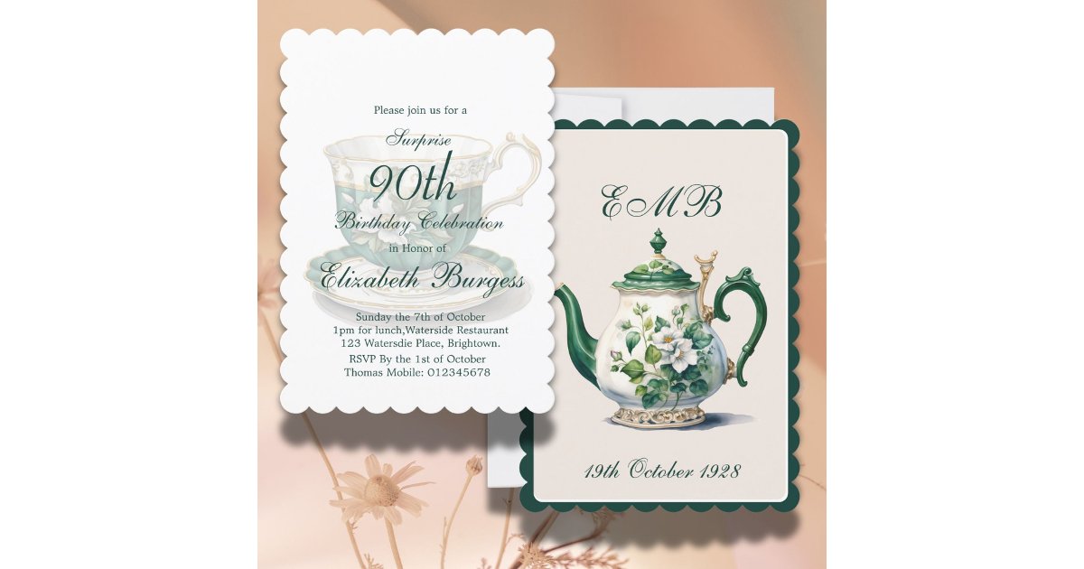 90th Birthday Tea Party Green Regency Birthday Invitation | Zazzle