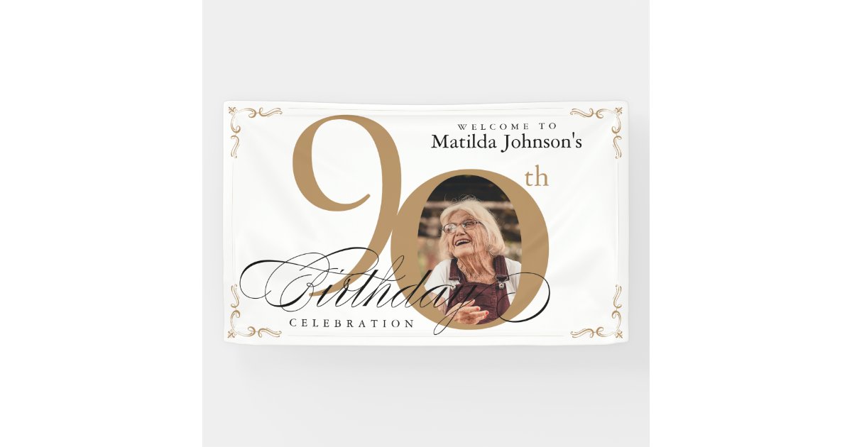 90th Birthday White Gold Elegant Calligraphy Photo Banner | Zazzle