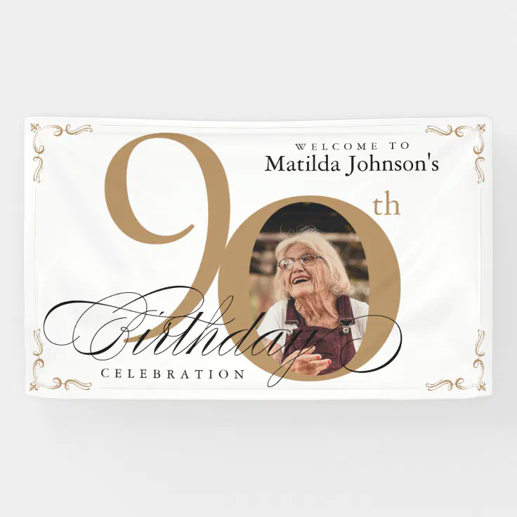 90th Birthday White Gold Elegant Calligraphy Photo Banner | Zazzle