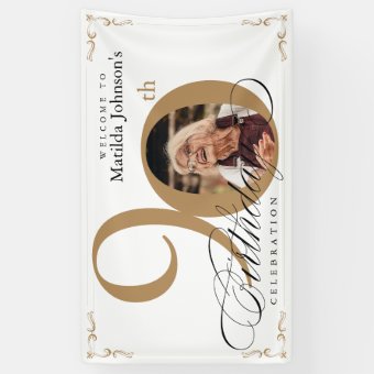 90th Birthday White Gold Elegant Calligraphy Photo Banner | Zazzle