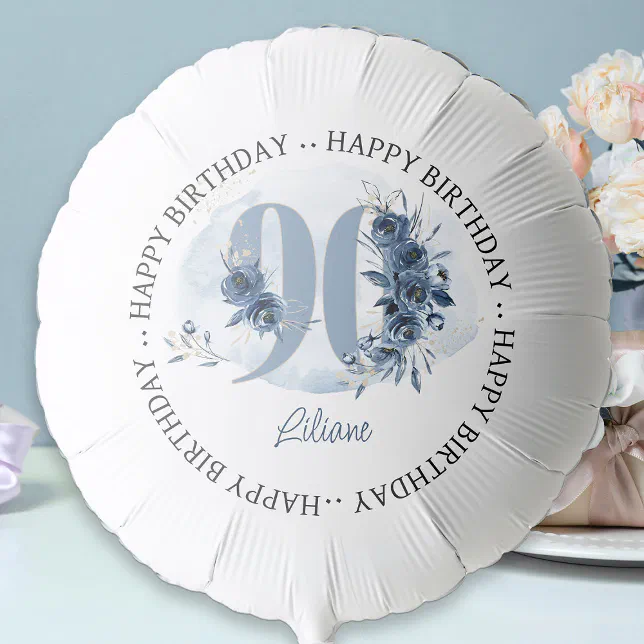 90th Happy Birthday Coastal Blue Floral Number 90 Balloon | Zazzle