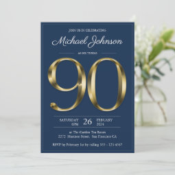 90th Ninetieth Birthday Gold Text Navy Blue Classy Invitation | Zazzle