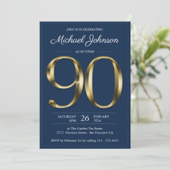 90th Ninetieth Birthday Gold Text Navy Blue Classy Invitation | Zazzle