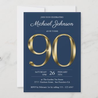 90th Ninetieth Birthday Gold Text Navy Blue Classy Invitation | Zazzle