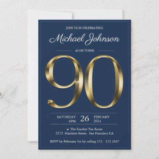 90th Ninetieth Birthday Gold Text Navy Blue Classy Invitation | Zazzle