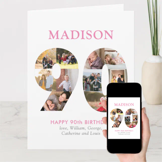 90th Number Photo Collage Name Pink Greeting Card | Zazzle
