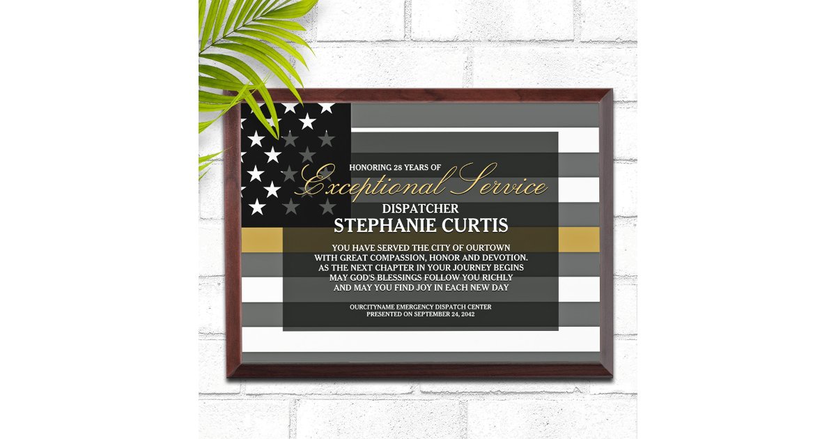 911 Dispatch Retirement Thin Gold Line Award Plaque | Zazzle