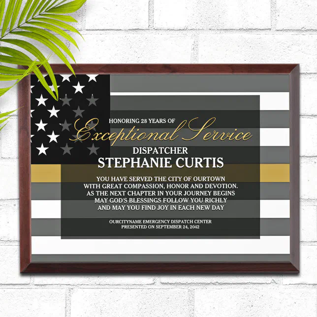911 Dispatch Retirement Thin Gold Line Award Plaque | Zazzle